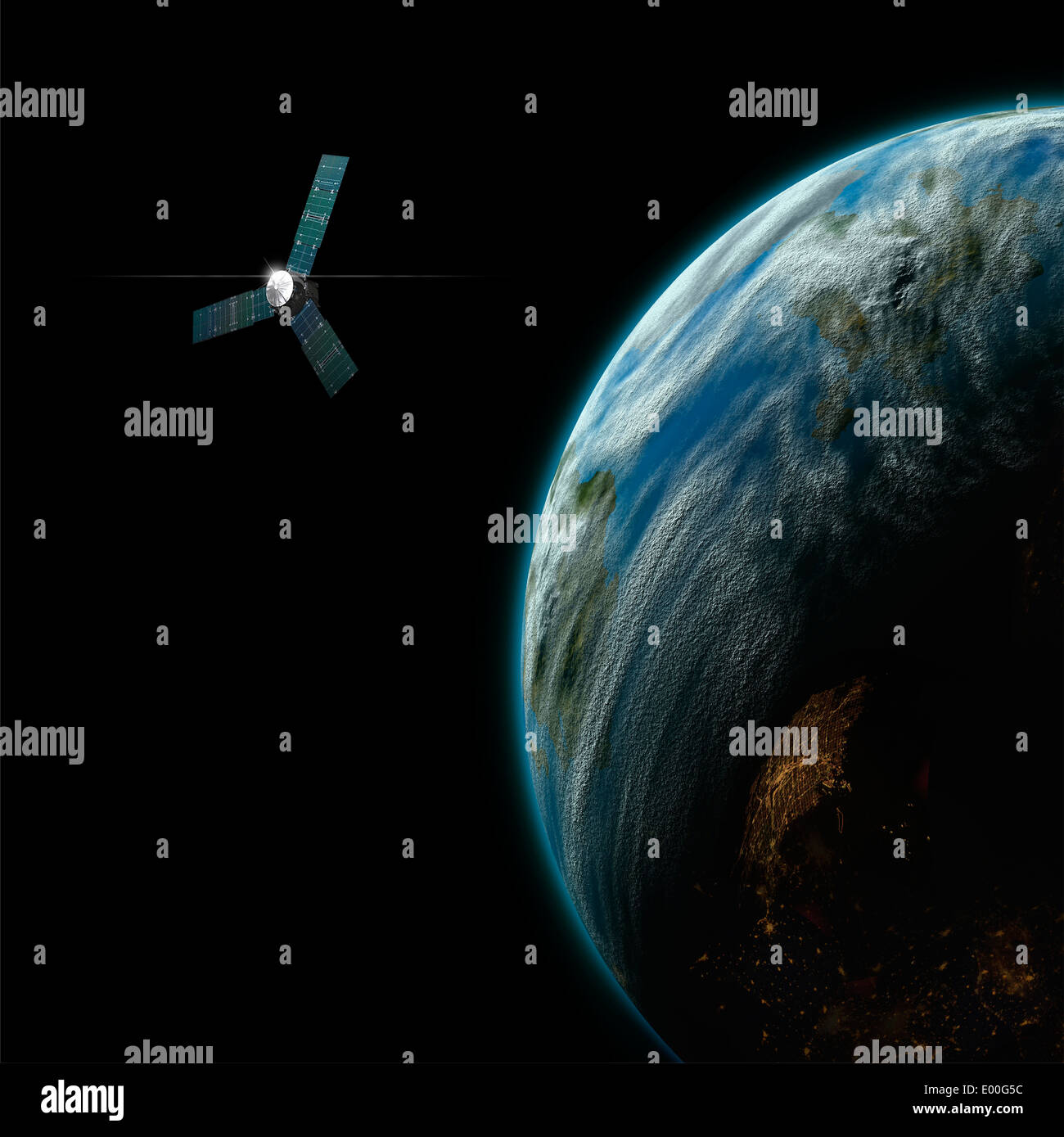 An artist's depiction of a satellite in orbit around an Earth-like ...