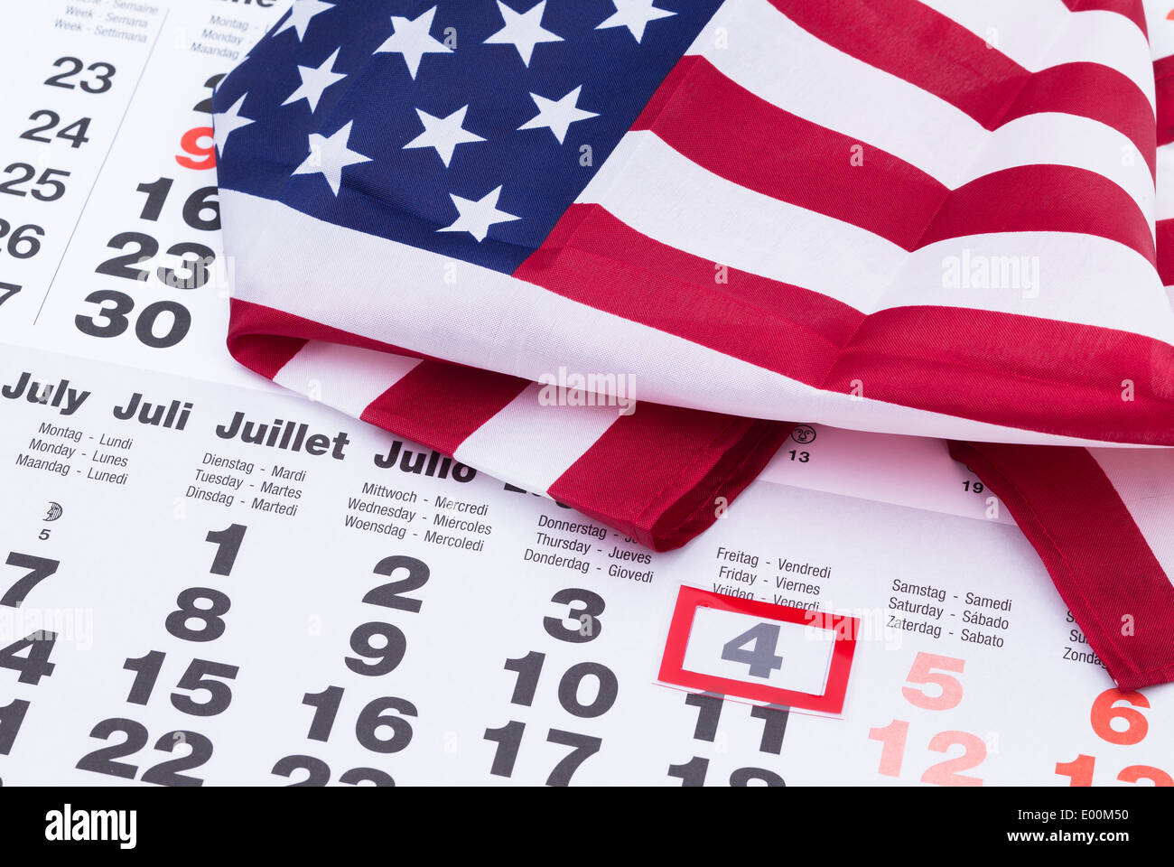 Image shows a calender which is marked on the 4th july with US. flag ...
