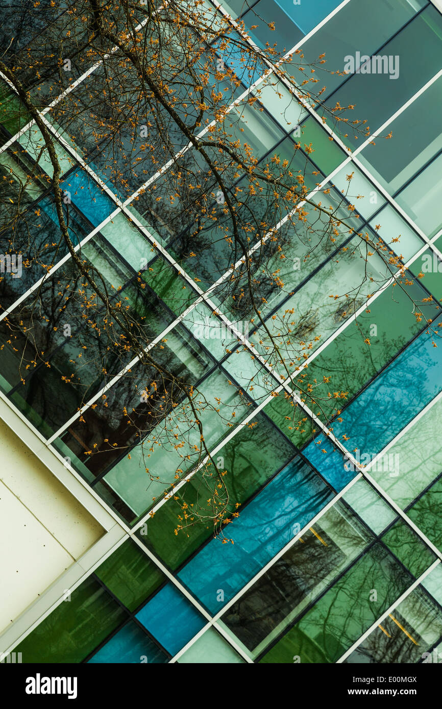 Abstract image of a glass-panelled building on the campus of the ...
