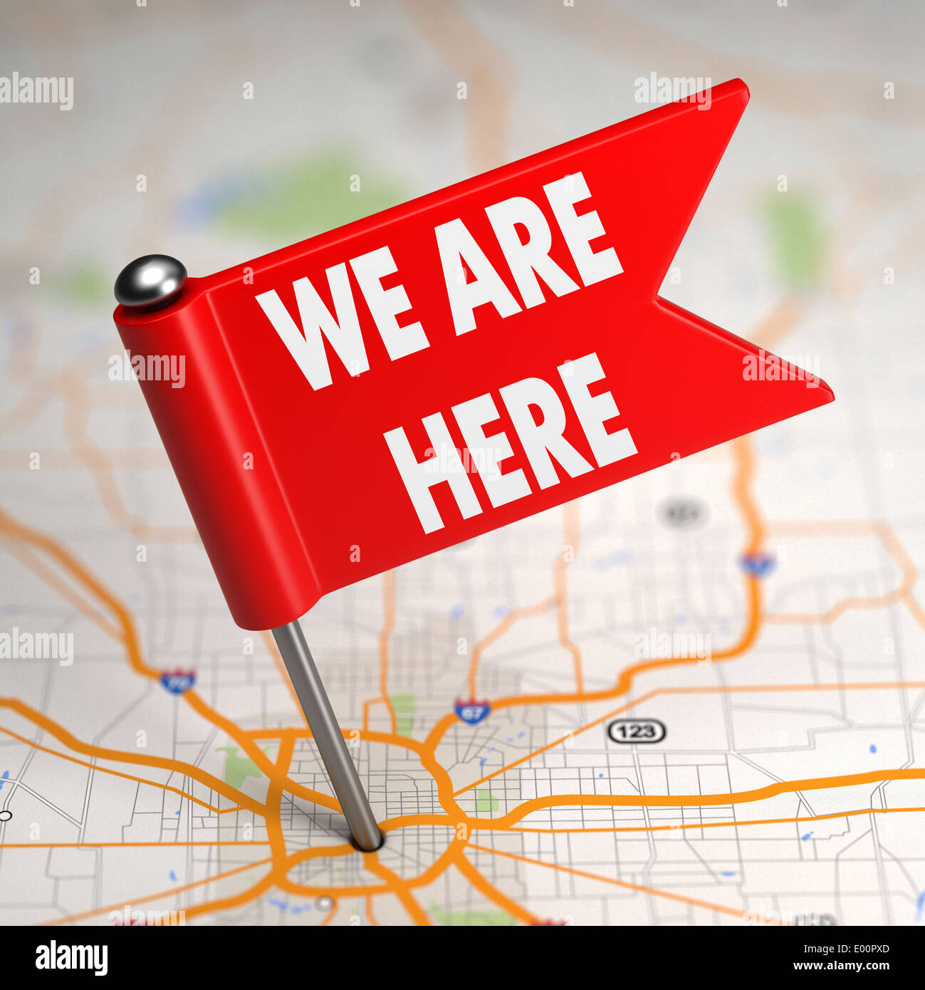 We Are Here concept - Small Flag on a Map Background with Selective ...