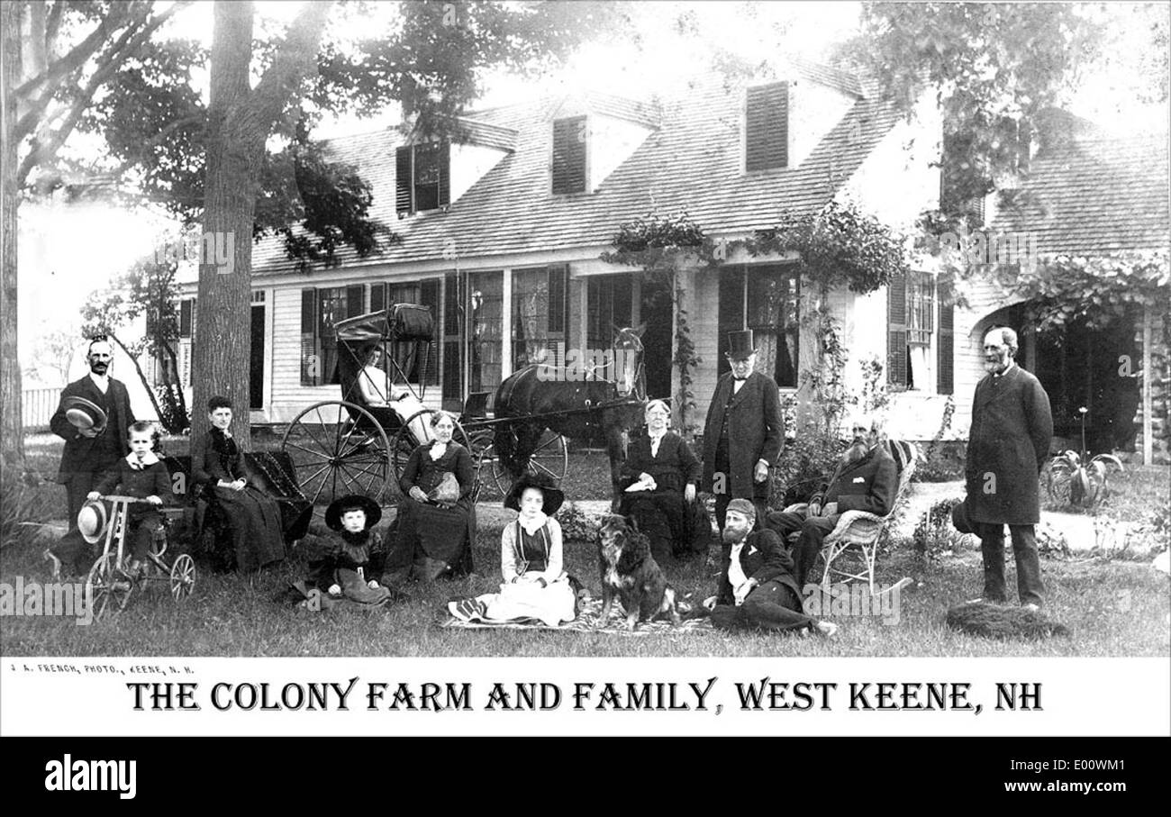 This historical photograph depicts a family on their farm in West Keene ...