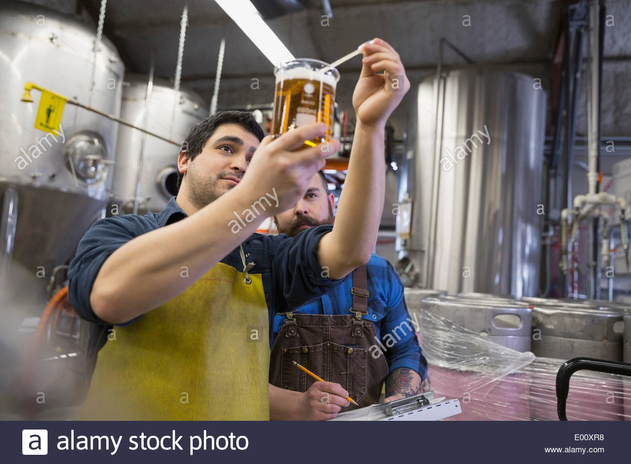 Brewery workers examining beer in beaker Stock Photo - Alamy