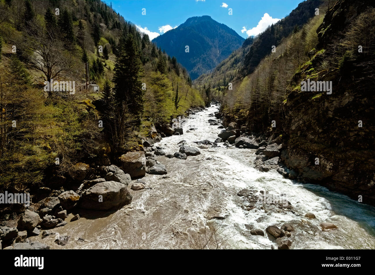 View of Enguri river at the head of the Enguri gorge in Upper Svaneti ...