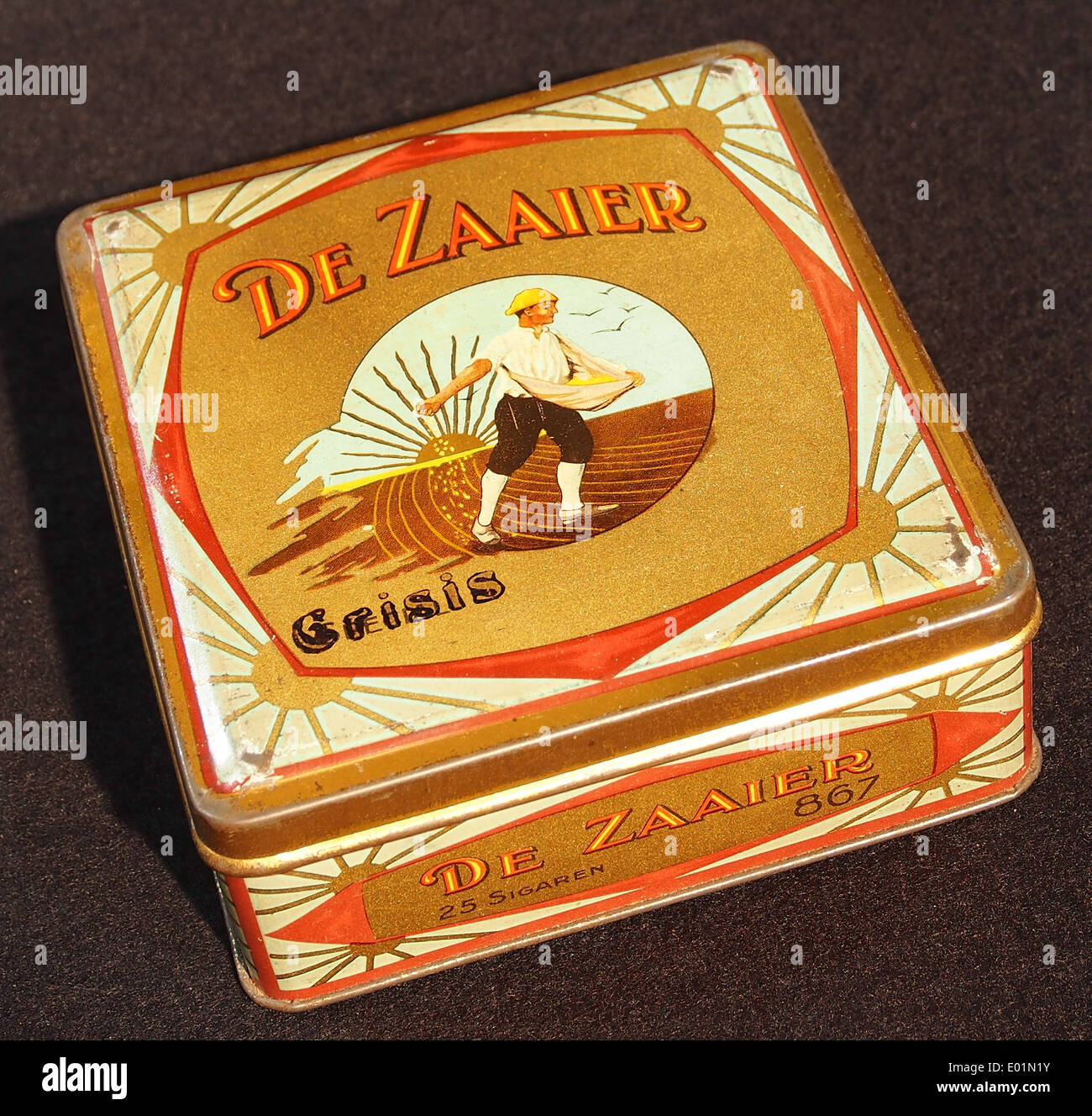 A cigar tin labeled 'De Zaaier,' likely used for packaging cigars ...