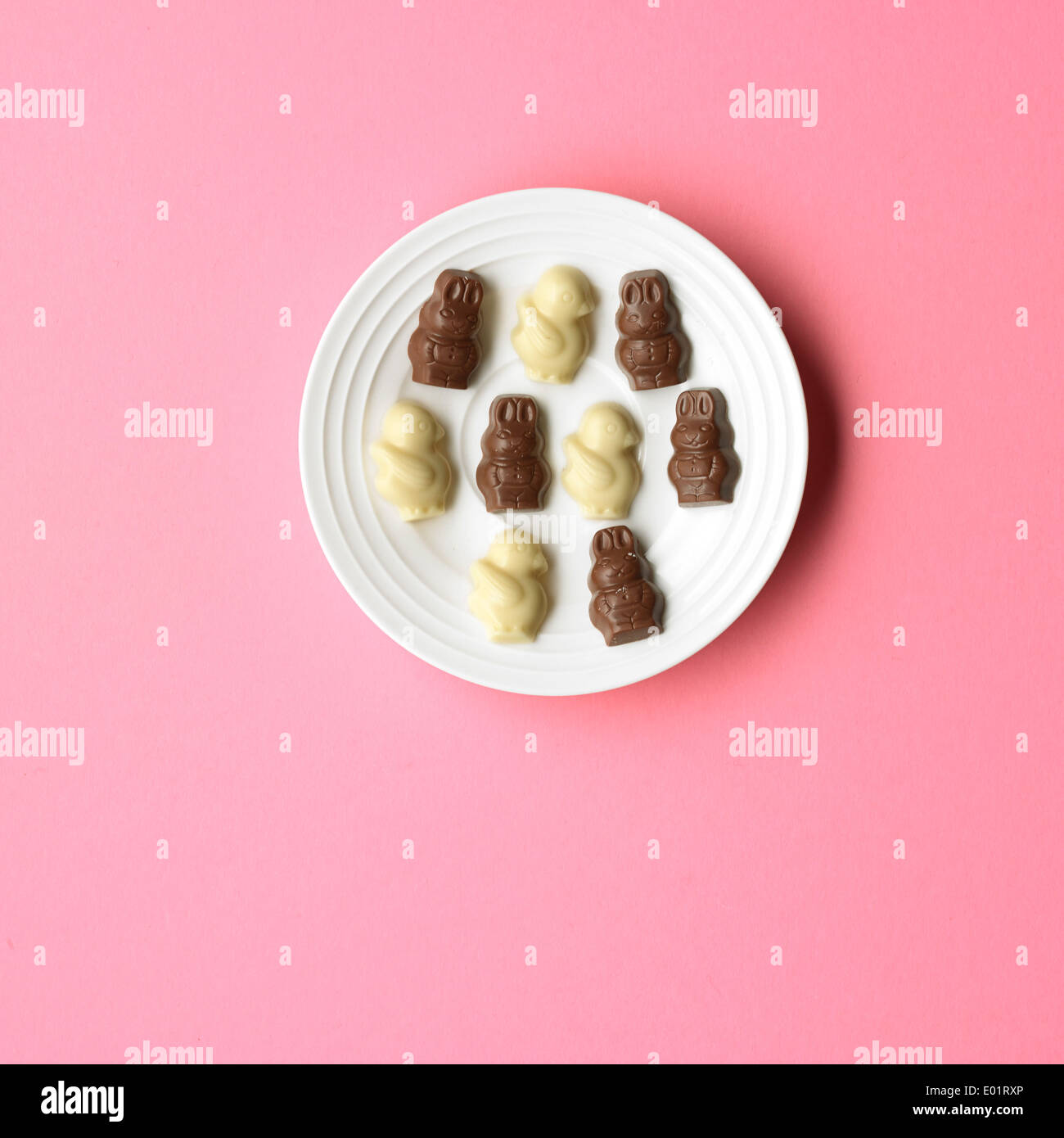 Pale pink background with white plate and various mini chocolates Stock ...