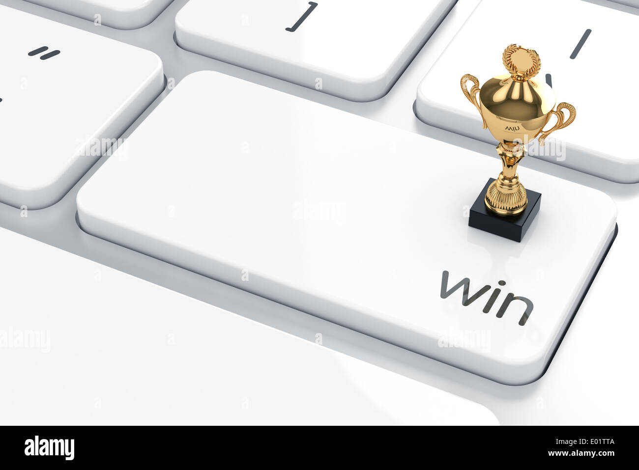 3d render of golden cup on the computer keyboard. Winner concept Stock ...