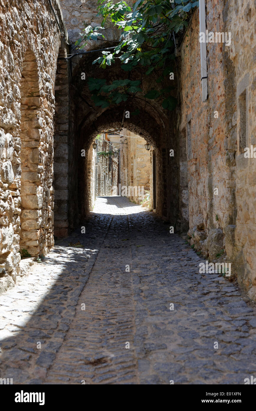 Vaulted arched narrow cobblestone lane lined with stone houses Medieval ...