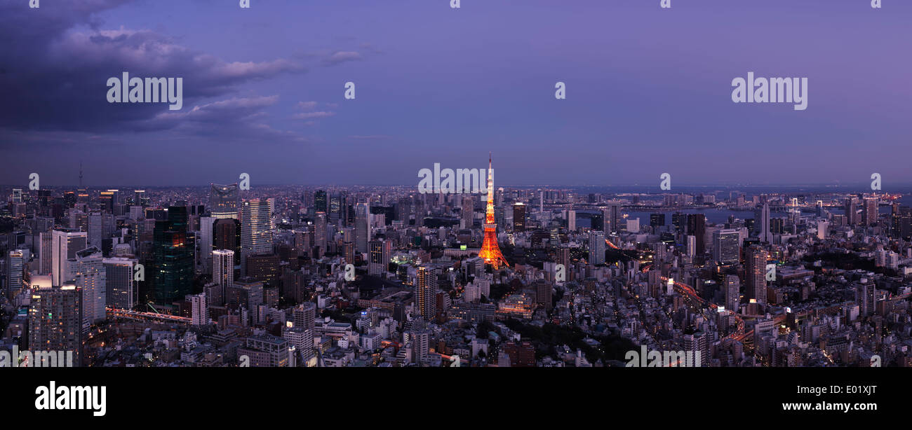 Panoramic twilight scenery of illuminated Tokyo tower in city landscape ...