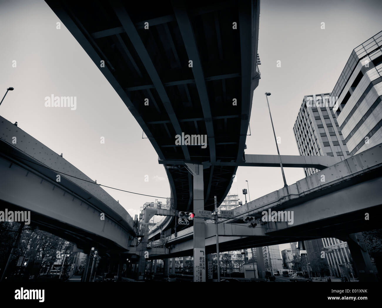 Abstract elevated highway interchange in Tokyo, Japan. Black and white ...