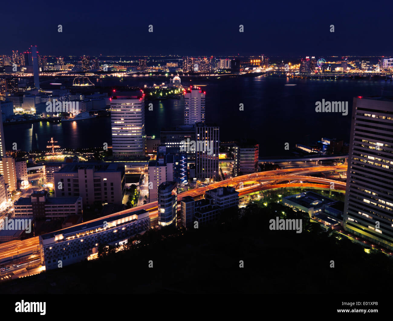 Nighttime view of Tokyo Bay, highways and Odaiba. Tokyo, Japan Stock ...