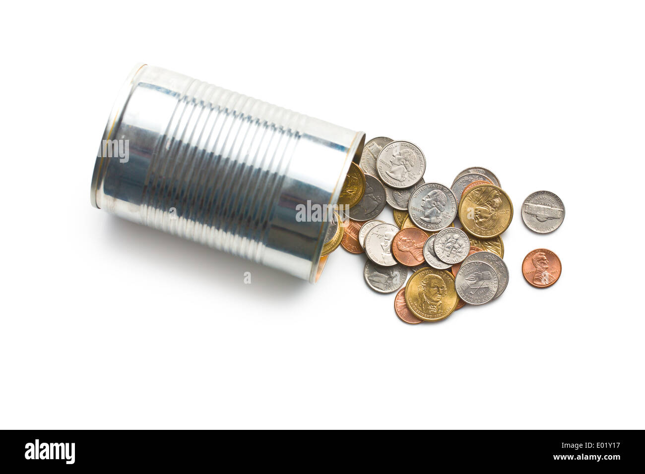 american coins in tin can on white background Stock Photo - Alamy