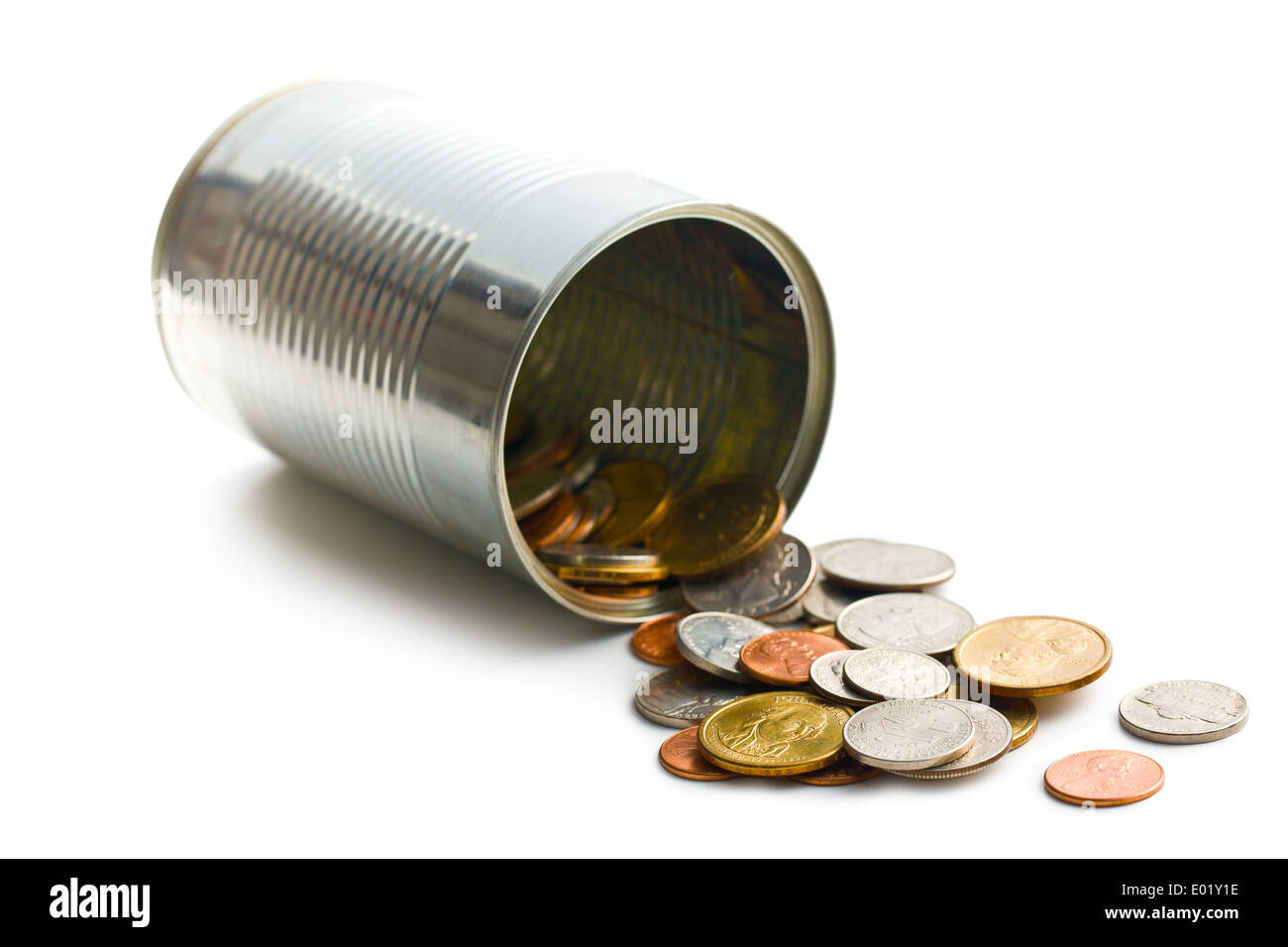 american coins in tin can on white background Stock Photo - Alamy