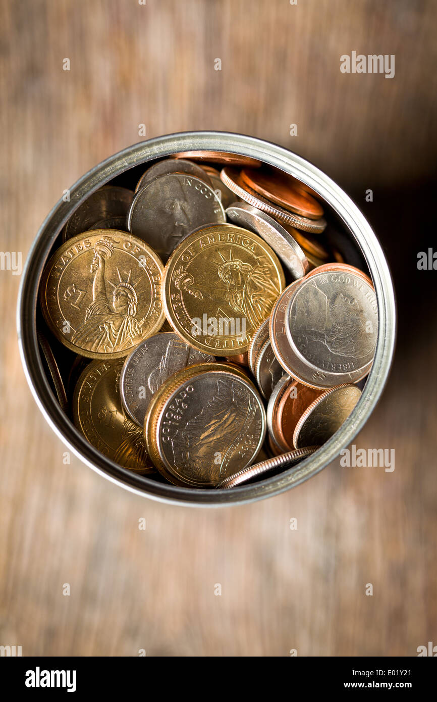 top view of american coins in tin can Stock Photo - Alamy