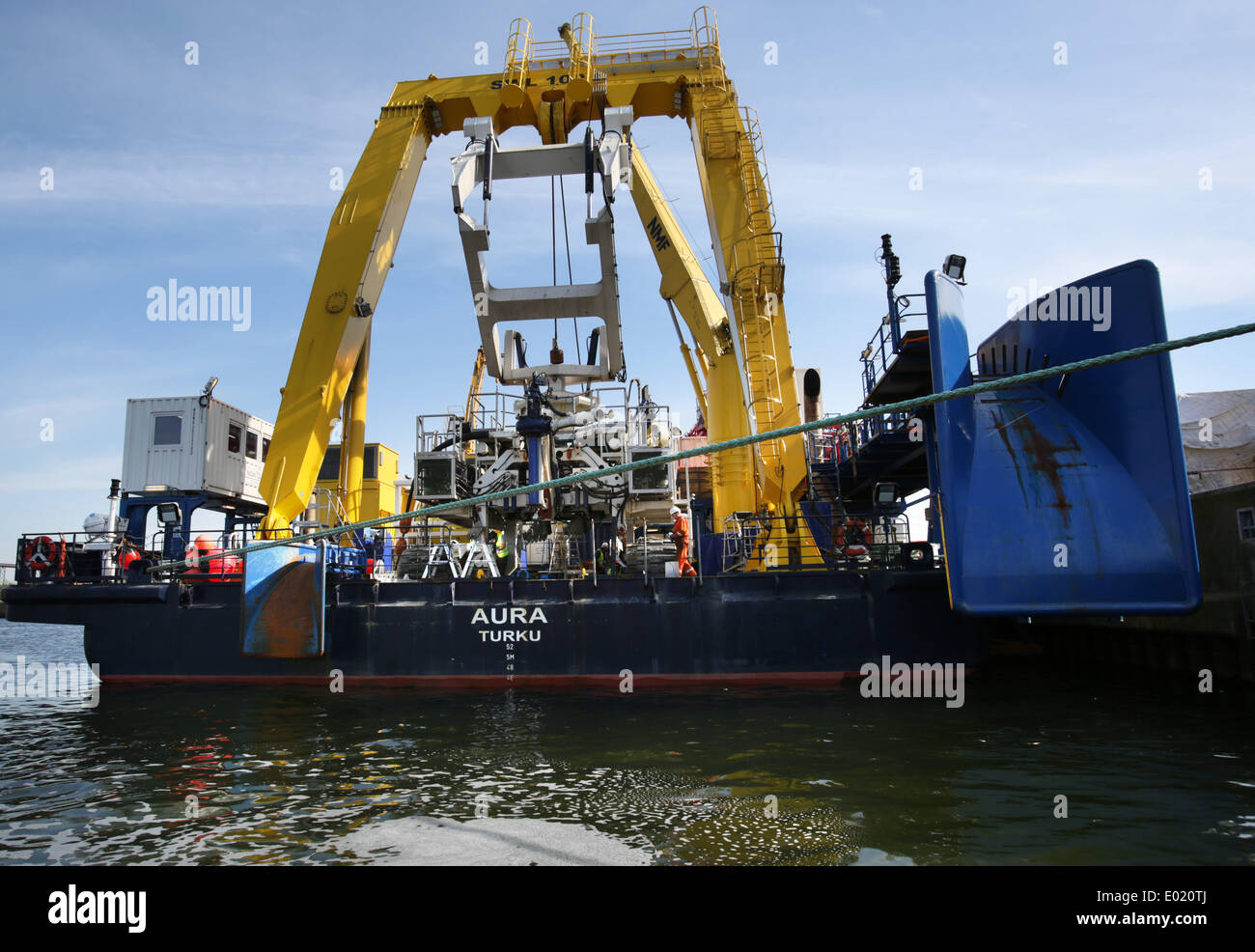 Cable laying ship Aura lies waiting for its next deployment at the ...
