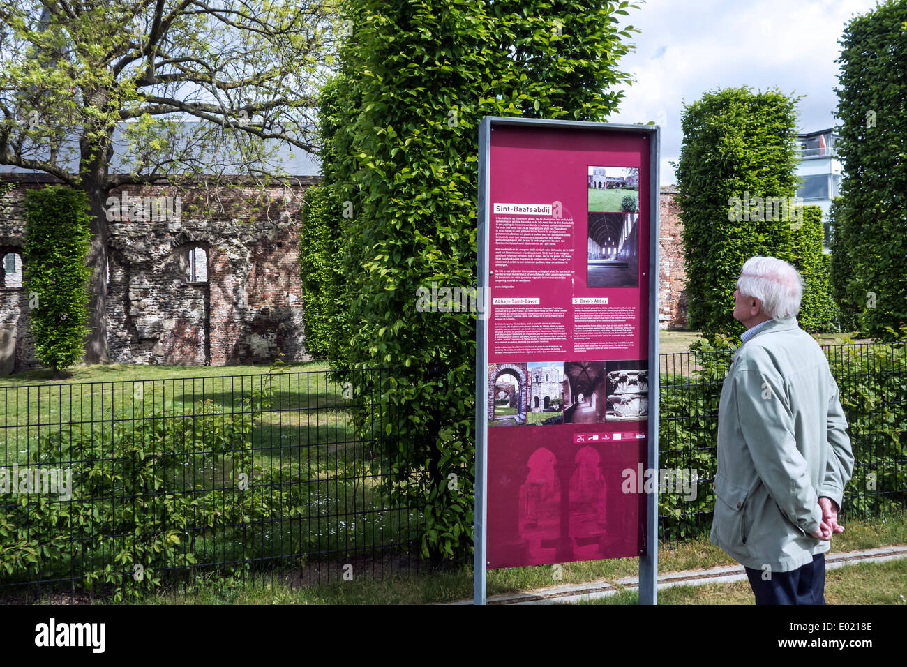 Tourist reading information panel at the Sint-Baafsabdij / St Bavo’s ...