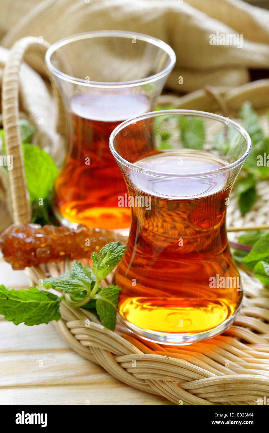 traditional Arabic Turkish tea served with fresh mint Stock Photo - Alamy