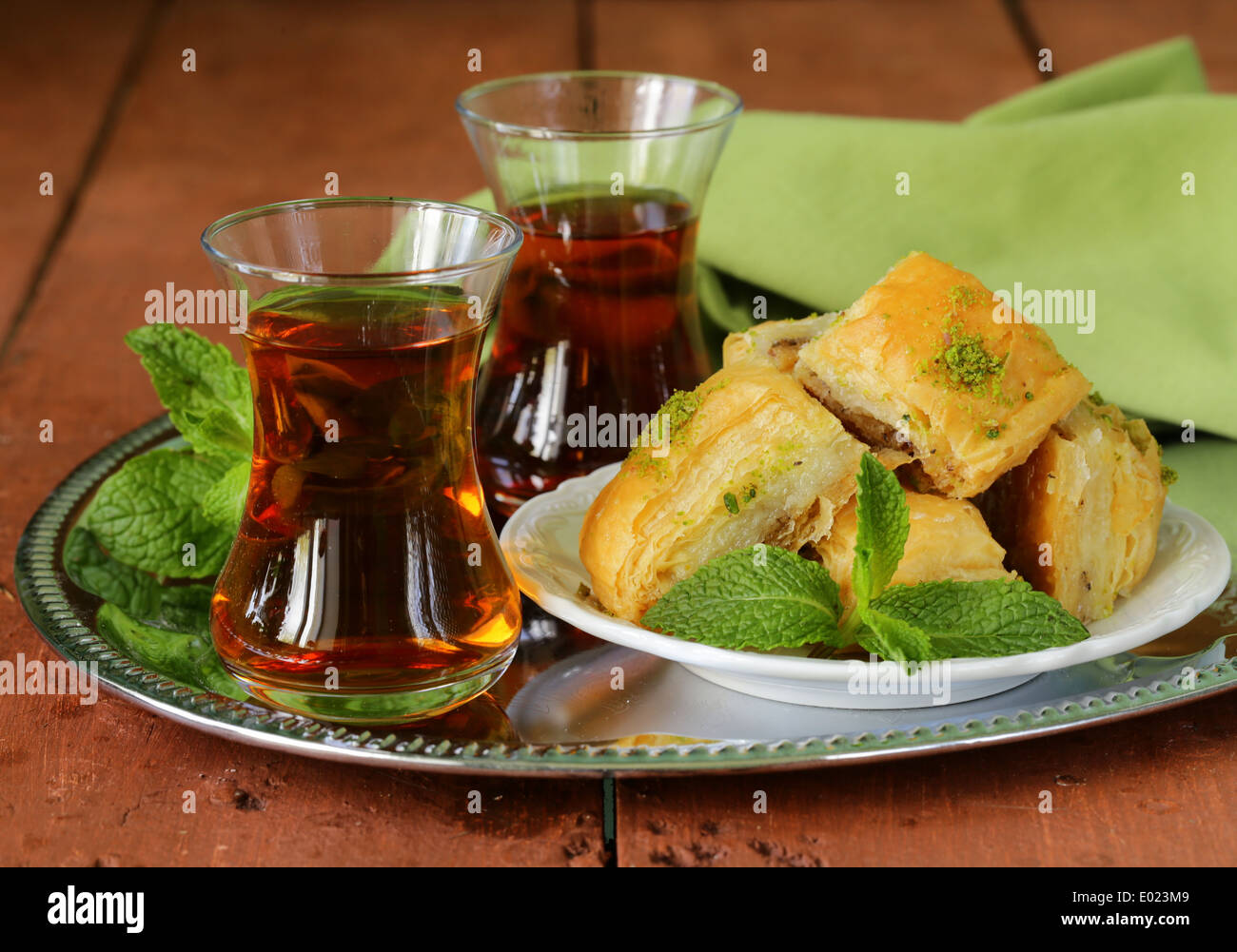 traditional Arabic Turkish tea served with fresh mint Stock Photo - Alamy