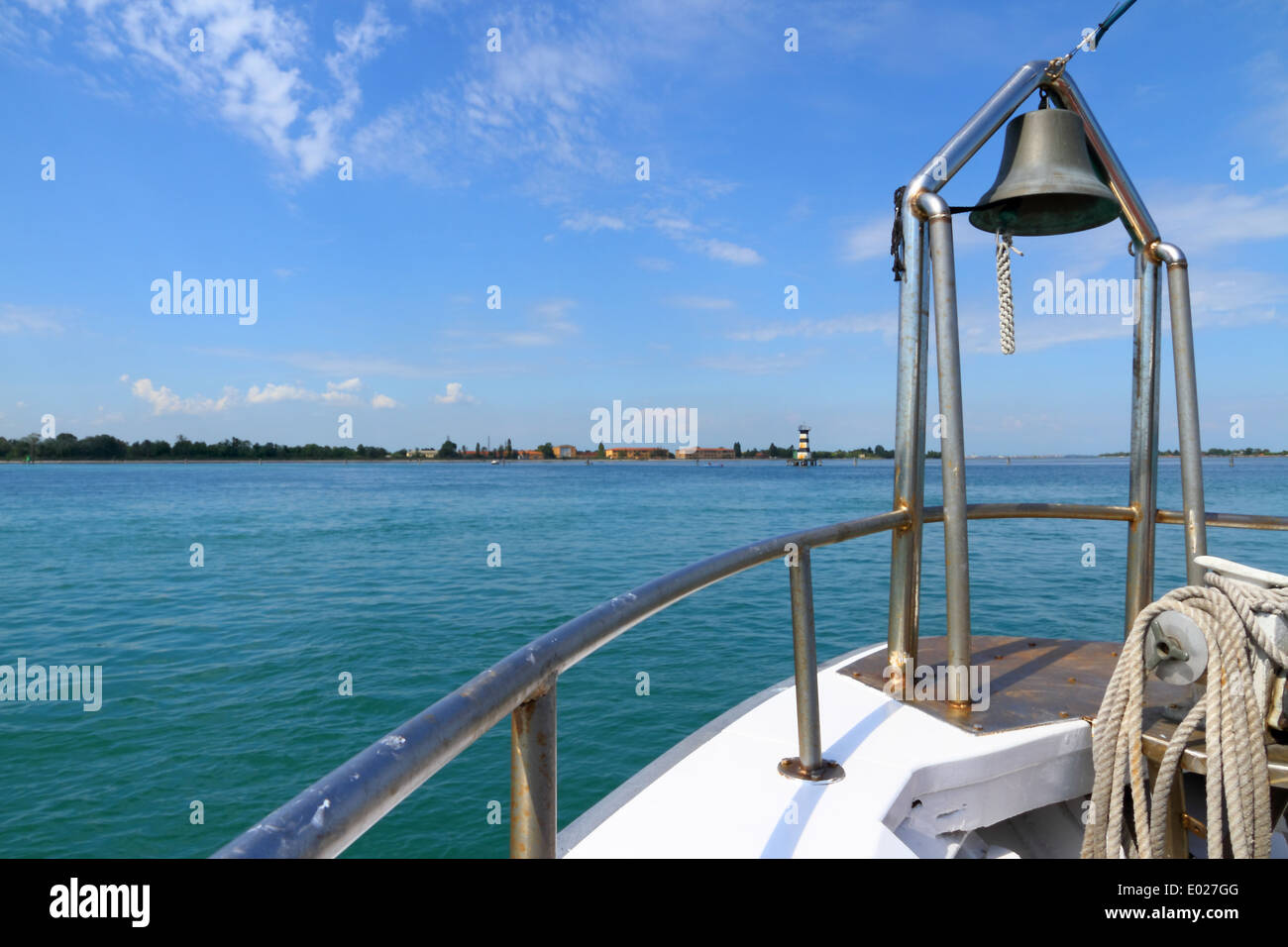 Ship at sea with view of lighthouse deck and bell, horizontal Stock ...