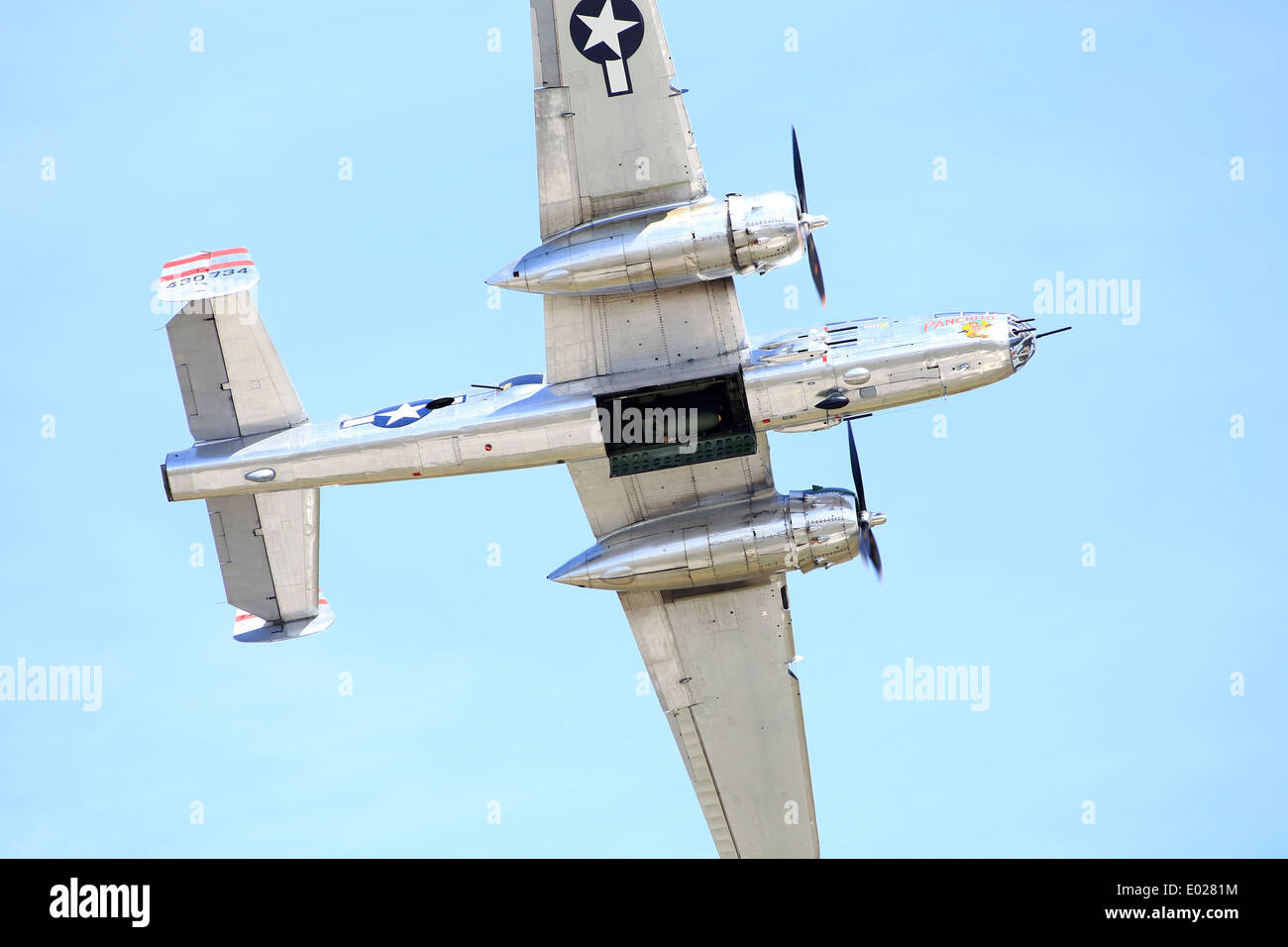 A WW2 WWII world war two B-25 Mitchell Bomber aircraft in flight with ...
