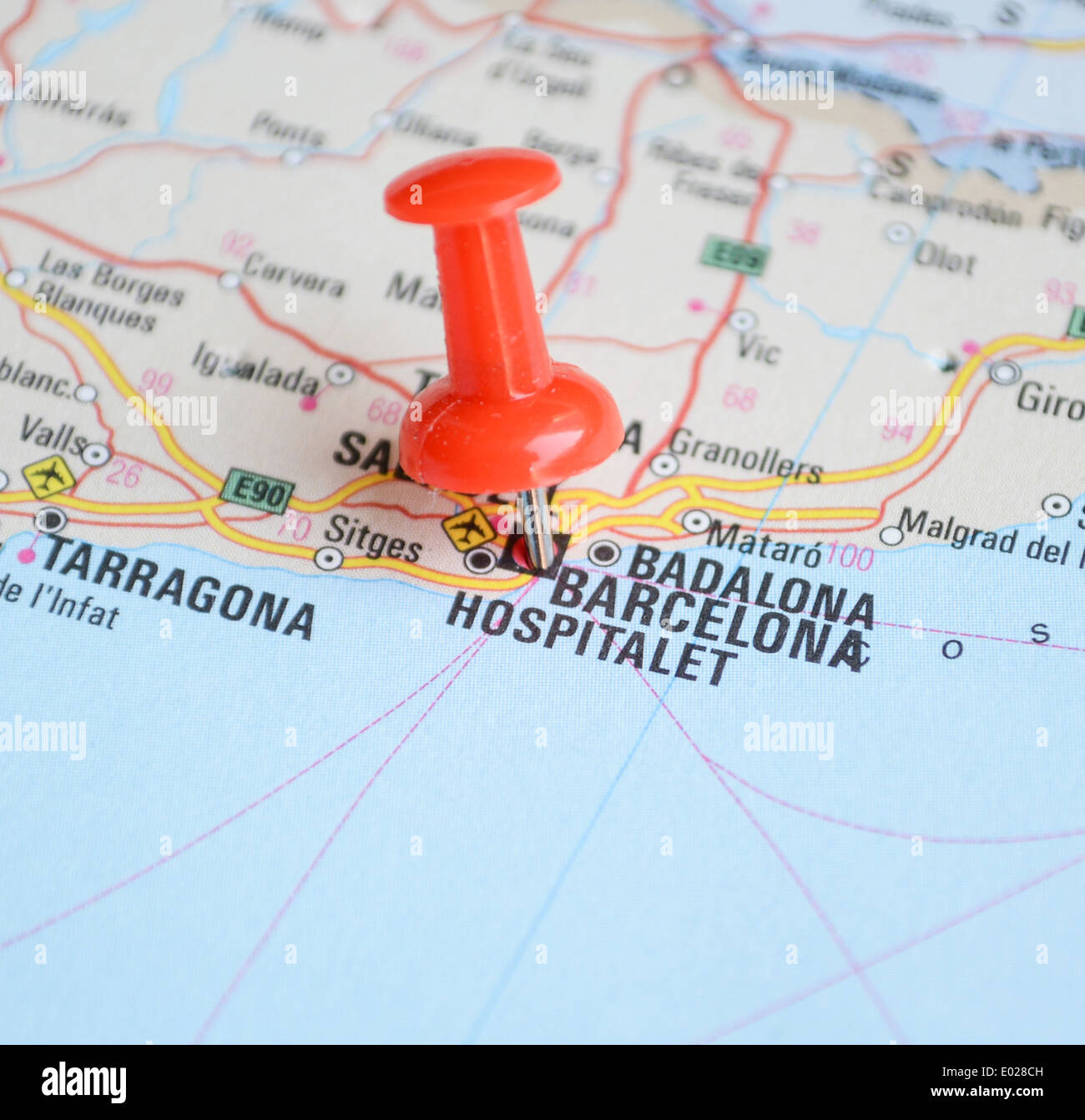 Close up of Barcelona map with red pin - Travel concept Stock Photo - Alamy
