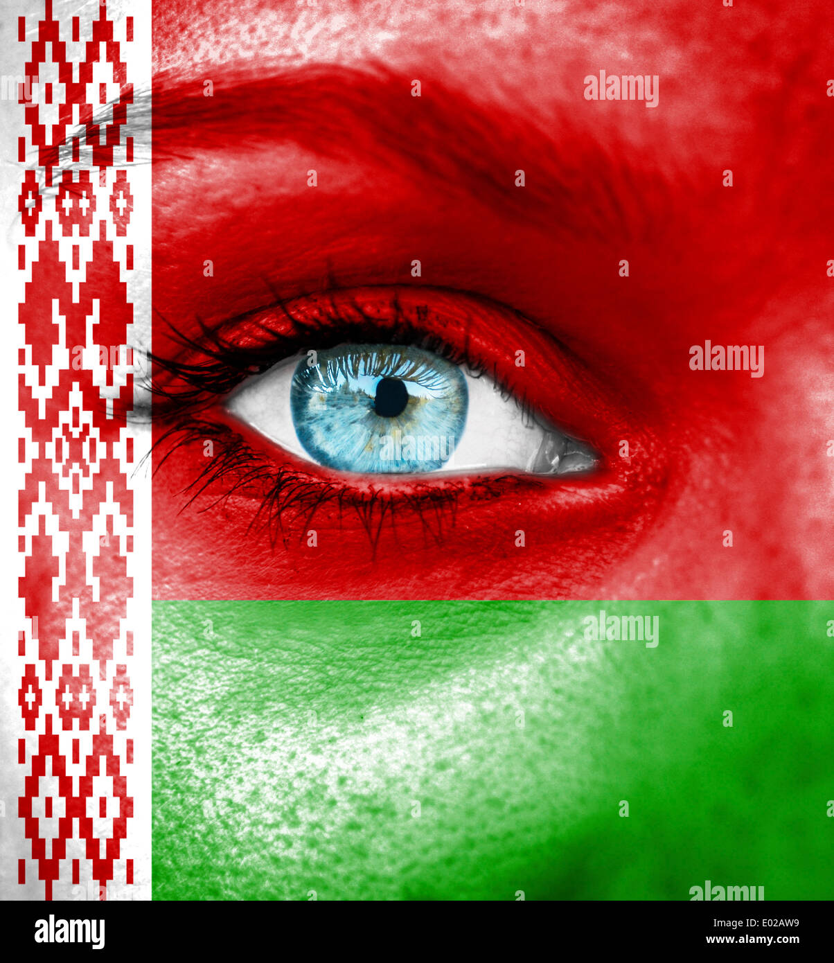 Woman face painted with flag of Belarus Stock Photo - Alamy