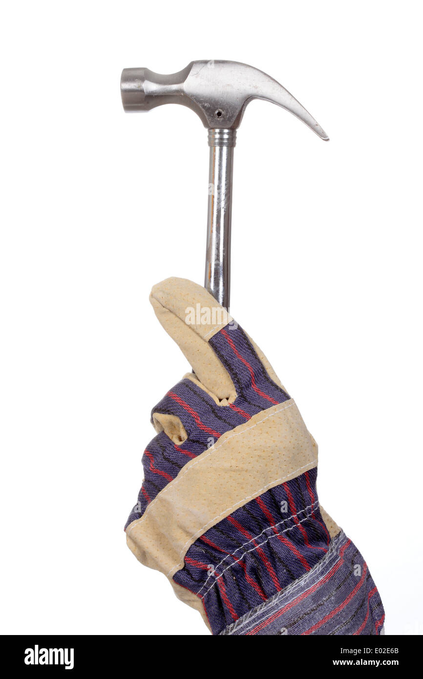 worker hand with a glove and hammer Stock Photo - Alamy