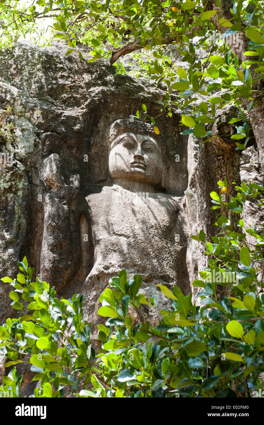 Rock relief, Buddha figure behind green leaves, raised hand, protection ...