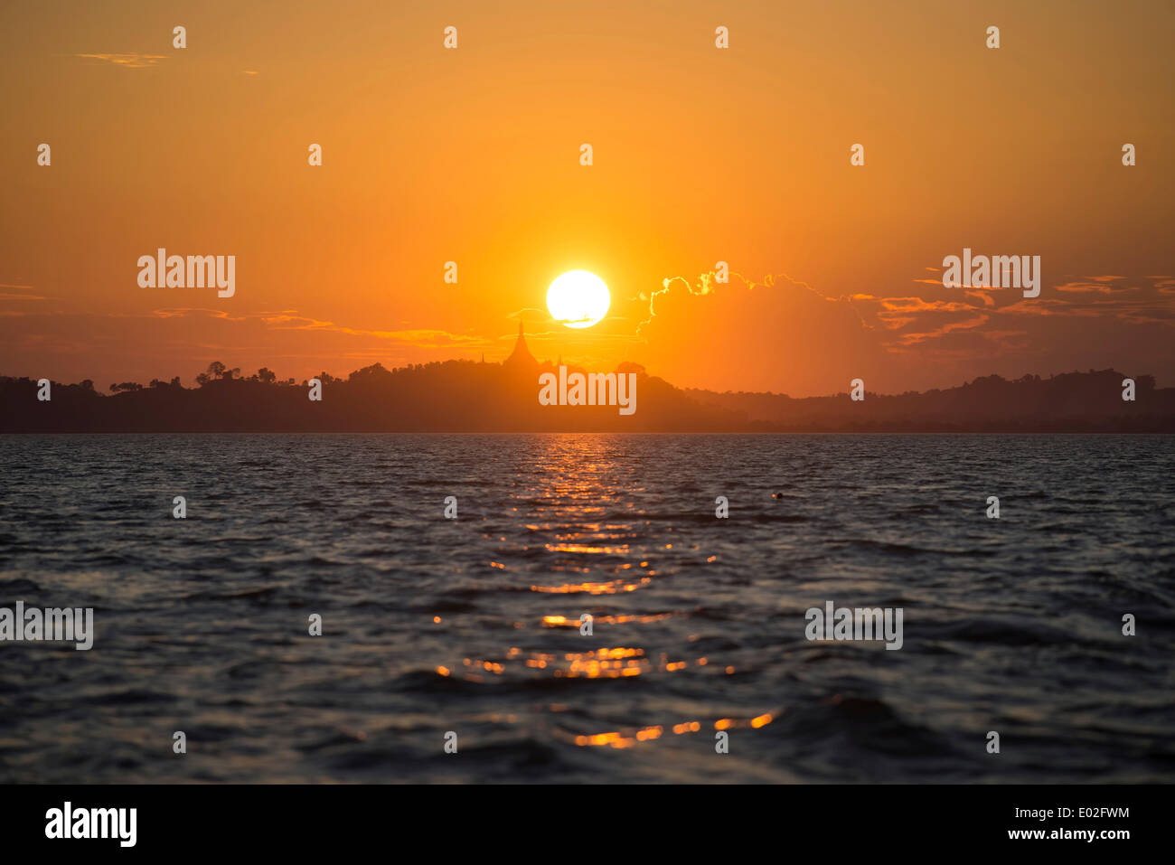 Pagoda, sunset, Kaladan River, Sittwe District, Rakhine State, Myanmar ...