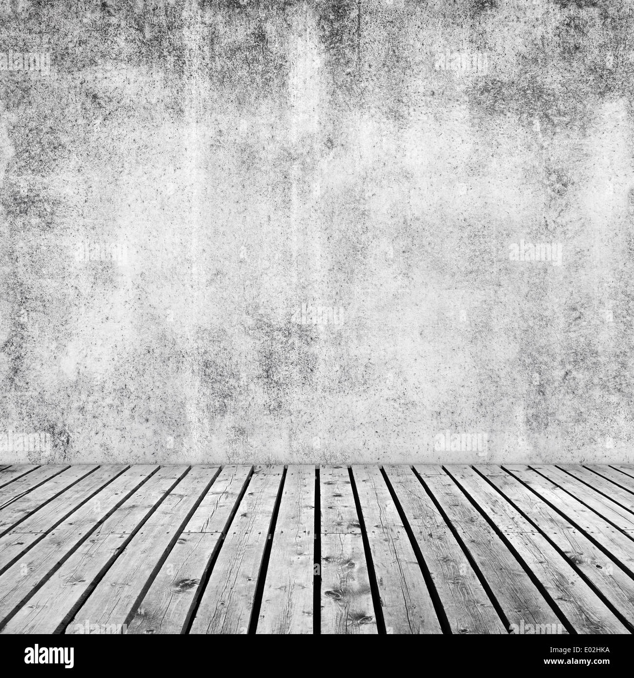 Empty interior background with white grunge concrete wall and wooden ...