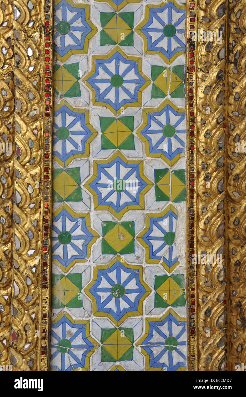 Decorative tiles on a wall of a temple in the grounds of the Grand ...
