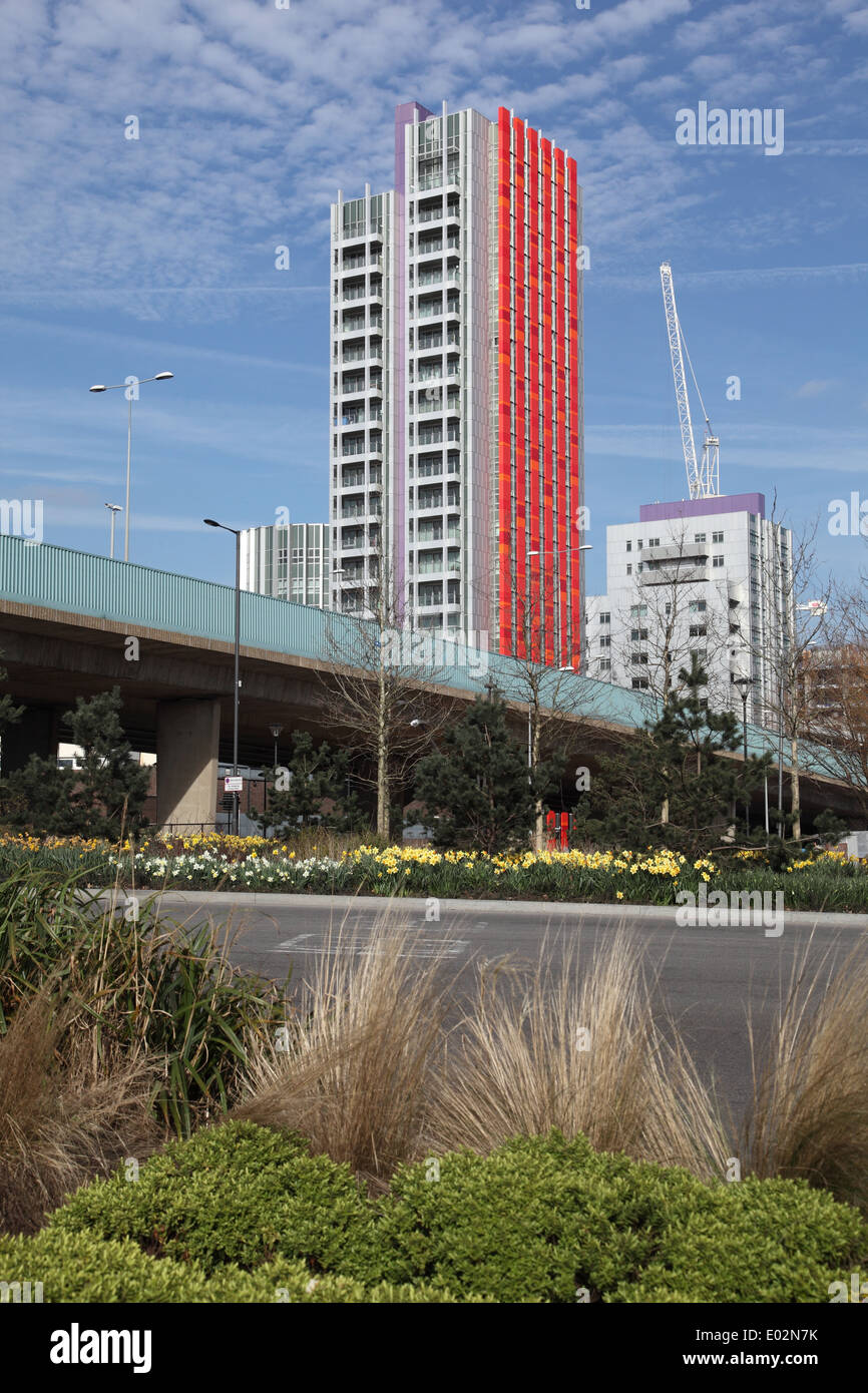 A new residential block with distinctive red cladding adjacent to the ...
