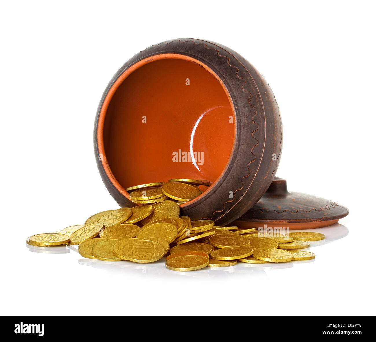 ceramic pot full of coins close-up isolated on white background Stock ...