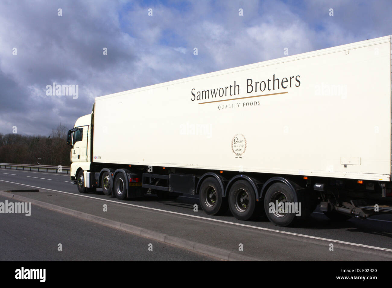 A Samworth Brothers truck traveling along the A46 dual carriageway in ...