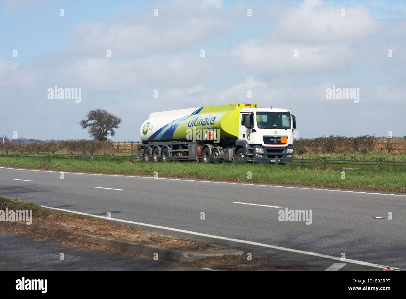 A BP tanker traveling along the A417 dual carriageway in The Cotswolds ...