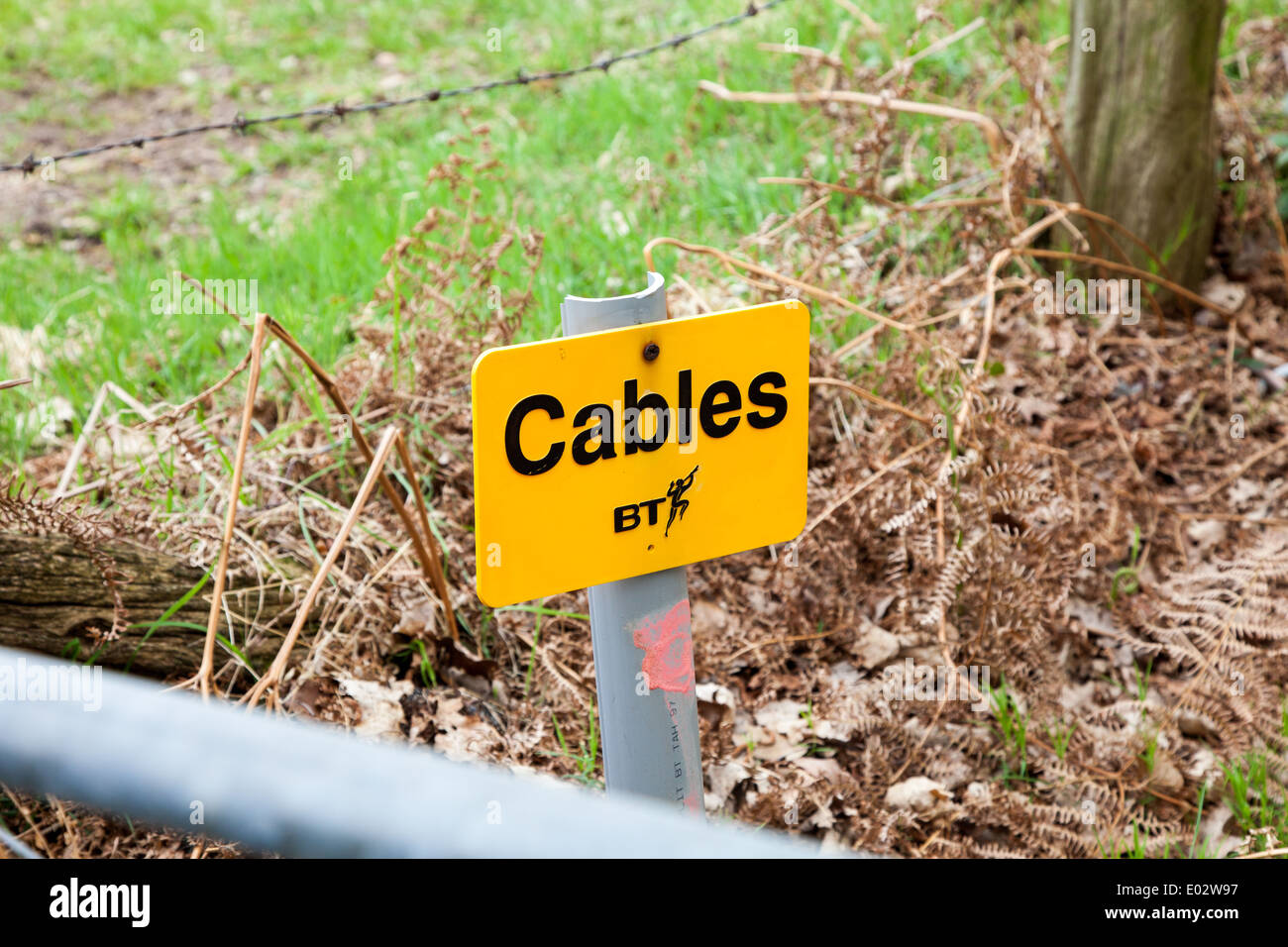 A bt or British Telecommunications sign warning that there are buried ...