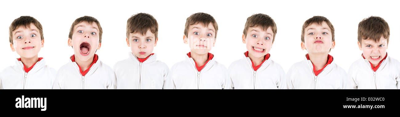 Young boy making different faces isolated in white Stock Photo - Alamy