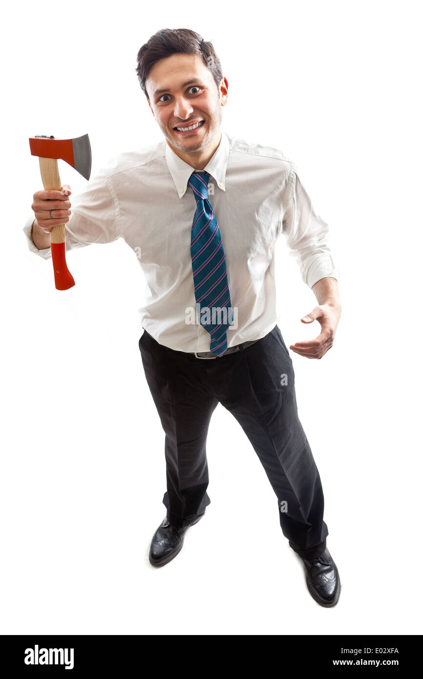 a young Businessman with hatchet standing Stock Photo - Alamy