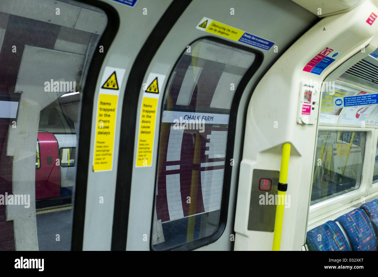 Chalk Farm Tube station London. Tube train stops, but due to industrial ...