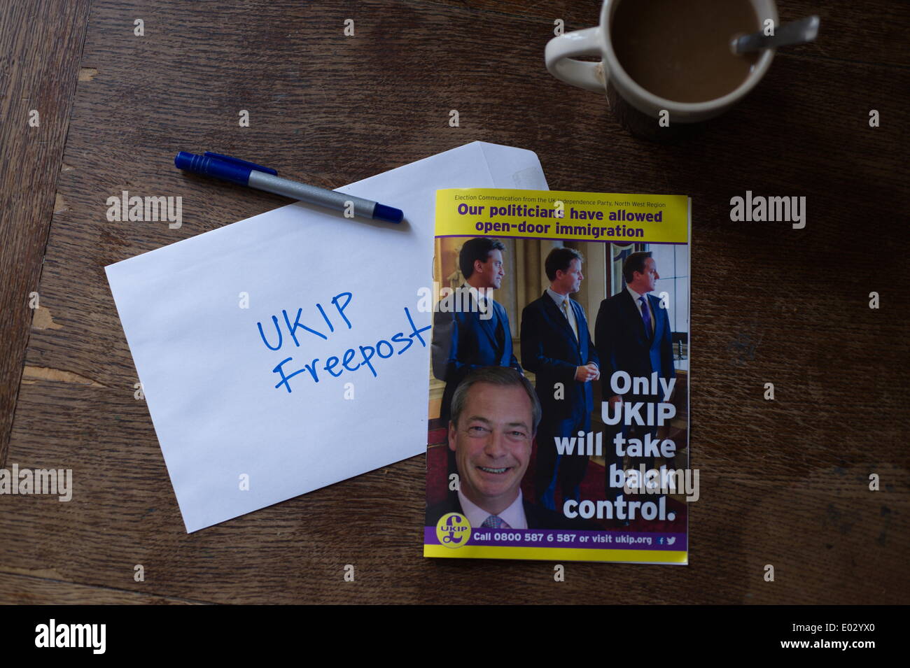 UK. 30th April 2014. UKIP leaflet with Freepost envelope ready to ...