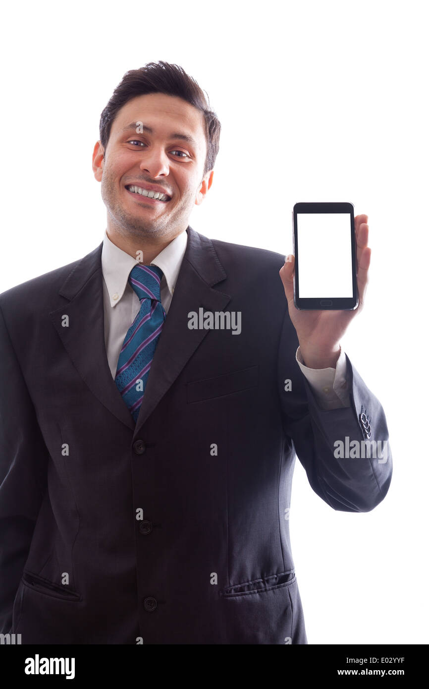 A young Businessman holding a smartphone with blank screen isolated on ...
