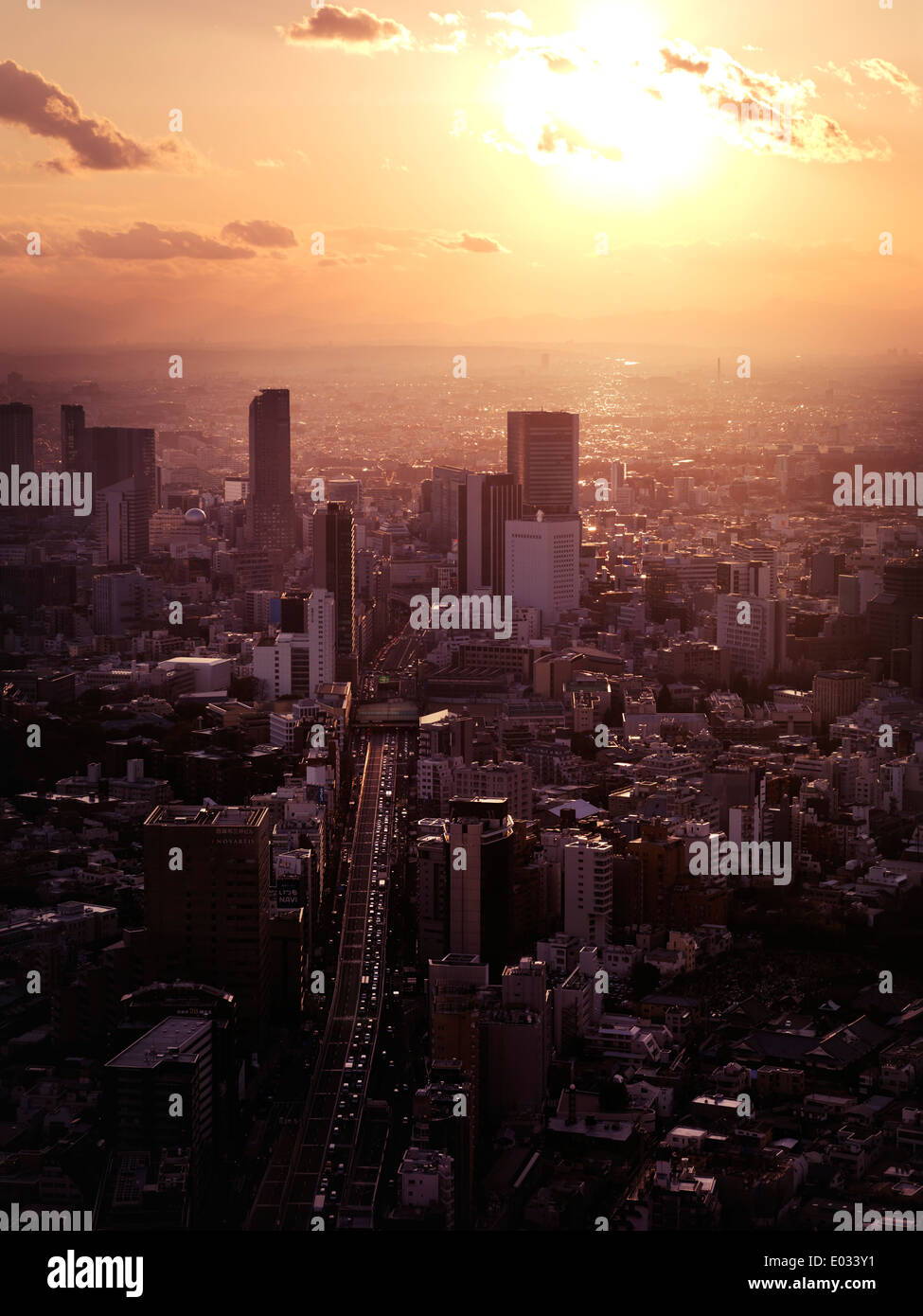 Tokyo city landscape lit with bright yellow sunset light aerial scenery ...