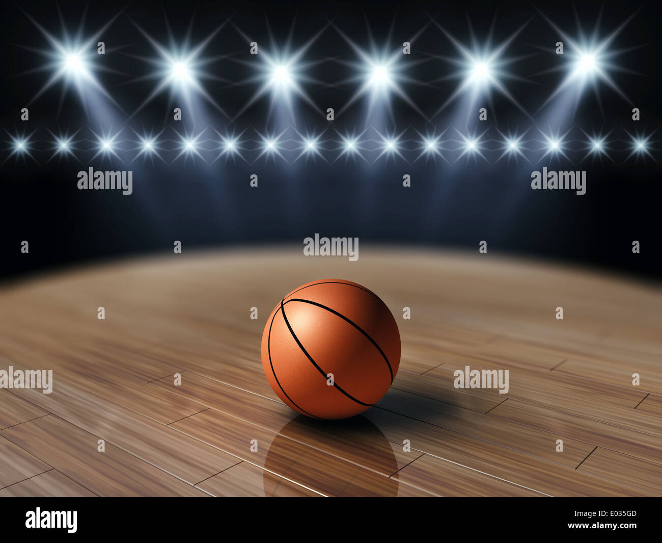 Ball on basketball court with spotlights Stock Photo - Alamy