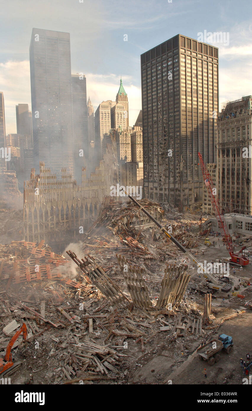 A view of the wreckage of the World Trade Center following a massive ...