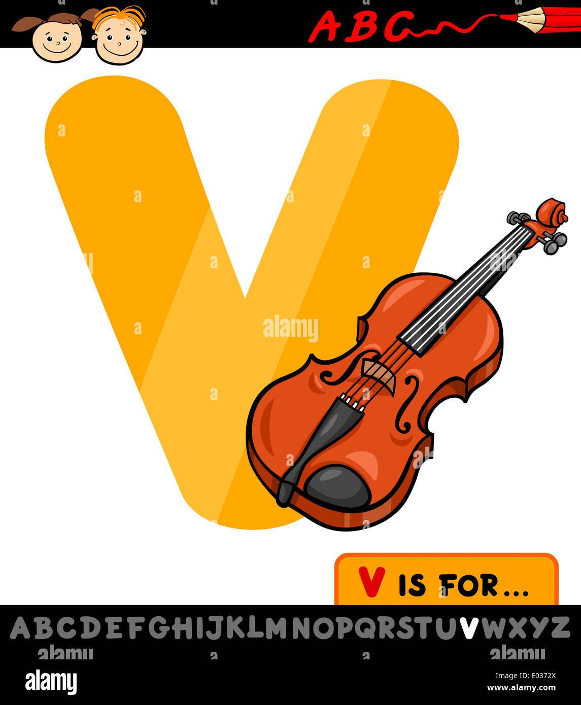 Cartoon Illustration of Capital Letter V from Alphabet with Violin for ...