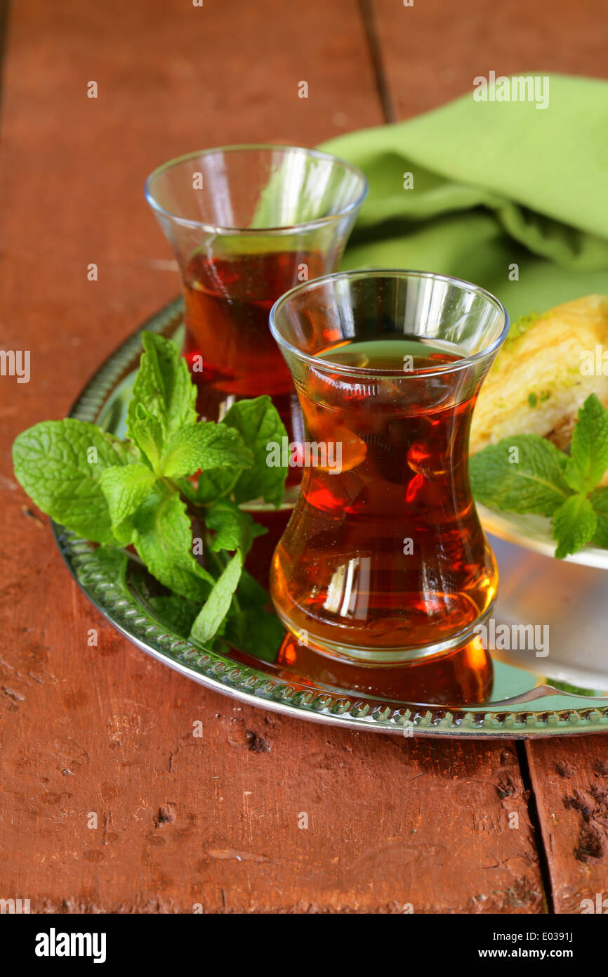 traditional Arabic Turkish tea served with fresh mint Stock Photo - Alamy