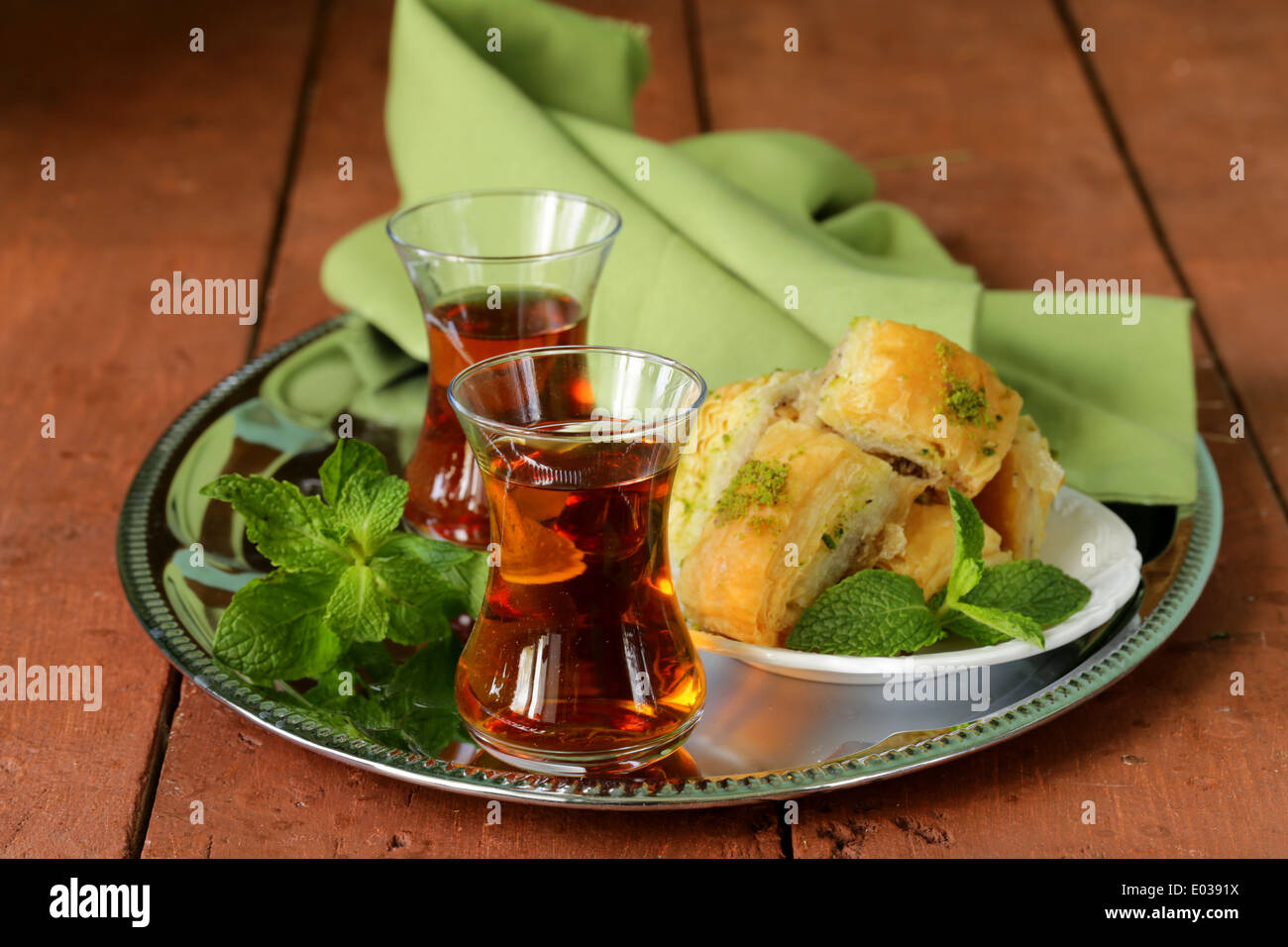 traditional Arabic Turkish tea served with fresh mint Stock Photo - Alamy