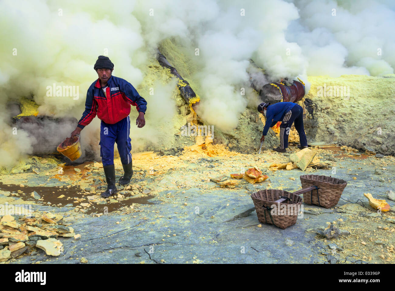 Sulfur mining operation at Kawah Ijen, Banyuwangi Regency, East Java ...
