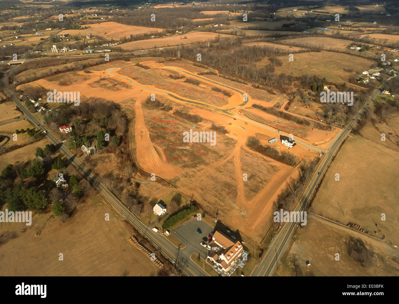 HAMILTON, VIRGINIA, USA - Aerial of exposed soil at construction site ...