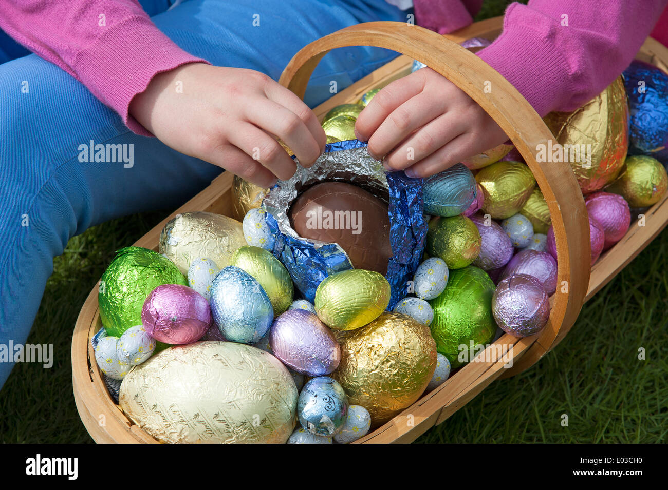Hunt the eggs competition Childs hand opening an egg Stock Photo - Alamy
