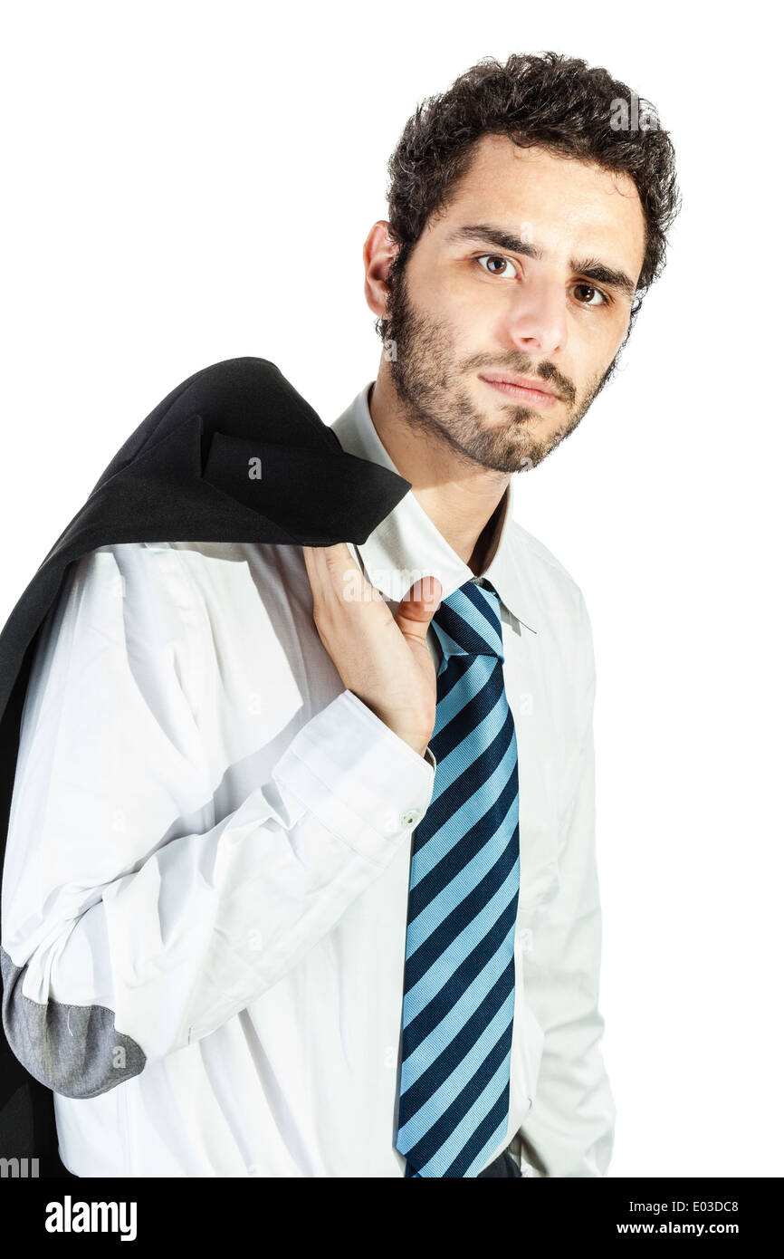 a young and handsome businessman taking off his jacket over a white ...